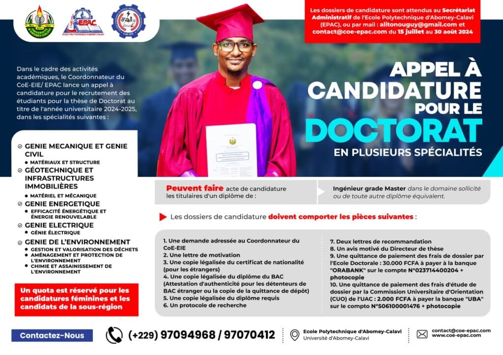 Appel à candidature pour le Doctorat au titre de l’année académique ...